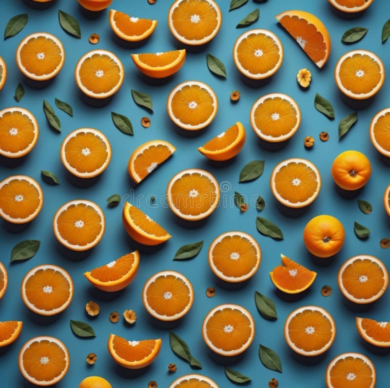 Orange Fruit Patterns Seamless Flatlay on Blue Background Illustration ...