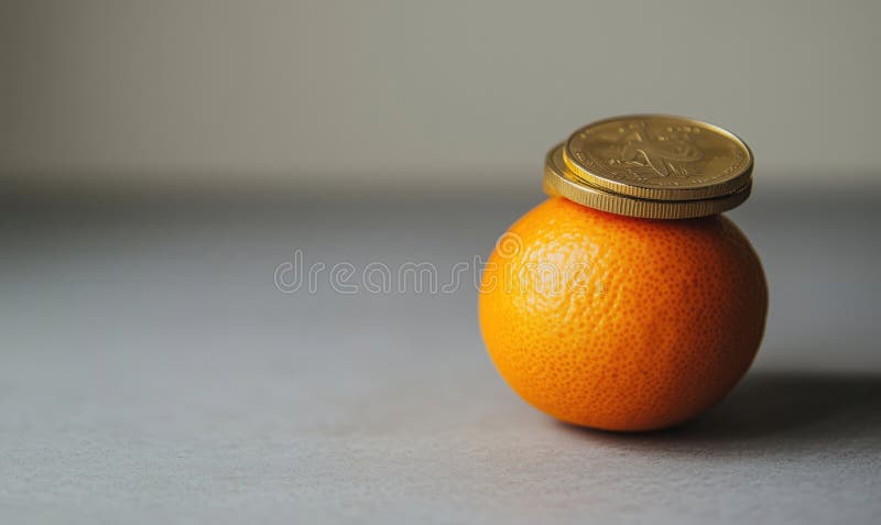 Orange Fruit Topped with a Gold Coin on a Gray Surface for Creative ...