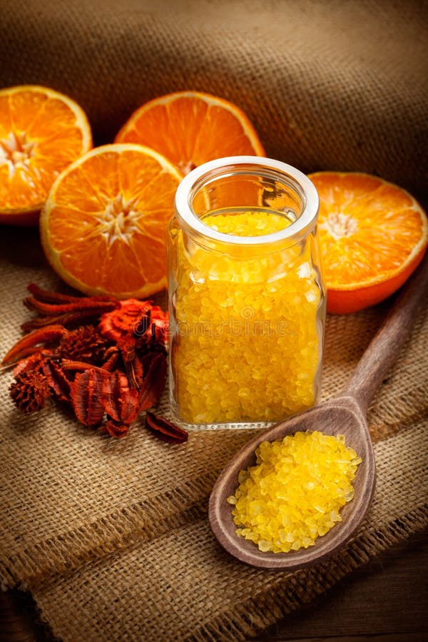 Orange Fruits and Bath Salt Stock Photo - Image of textile, body: 18706558