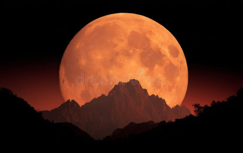 Orange Full Moon Over Dark Silhouette Mountains Stock Illustration ...