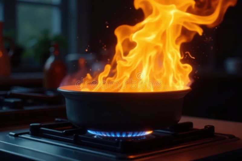 Orange Gas Flames Engulf a Pot, Dramatic Kitchen Scene , Boiling ...