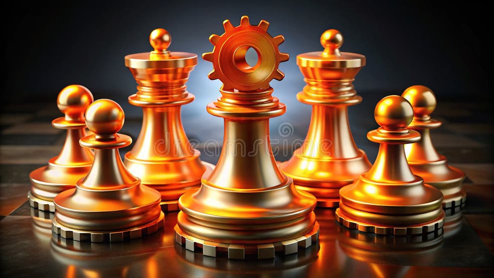 Orange Gear Connects Five Chess Pawns a 3D Visualization of Teamwork ...