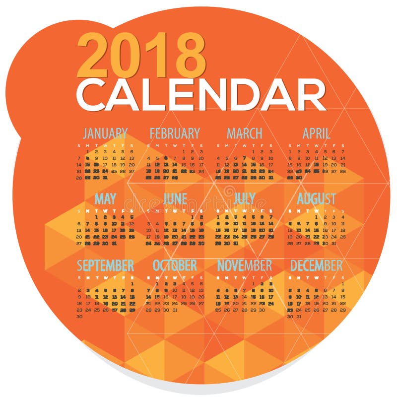 2018 Orange Geometric Round Shape Printable Calendar Starts Sunday ...