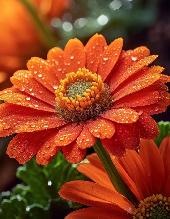 Orange Gerbera Flower with Dew Drops on Petals. Stock Image - Image of ...