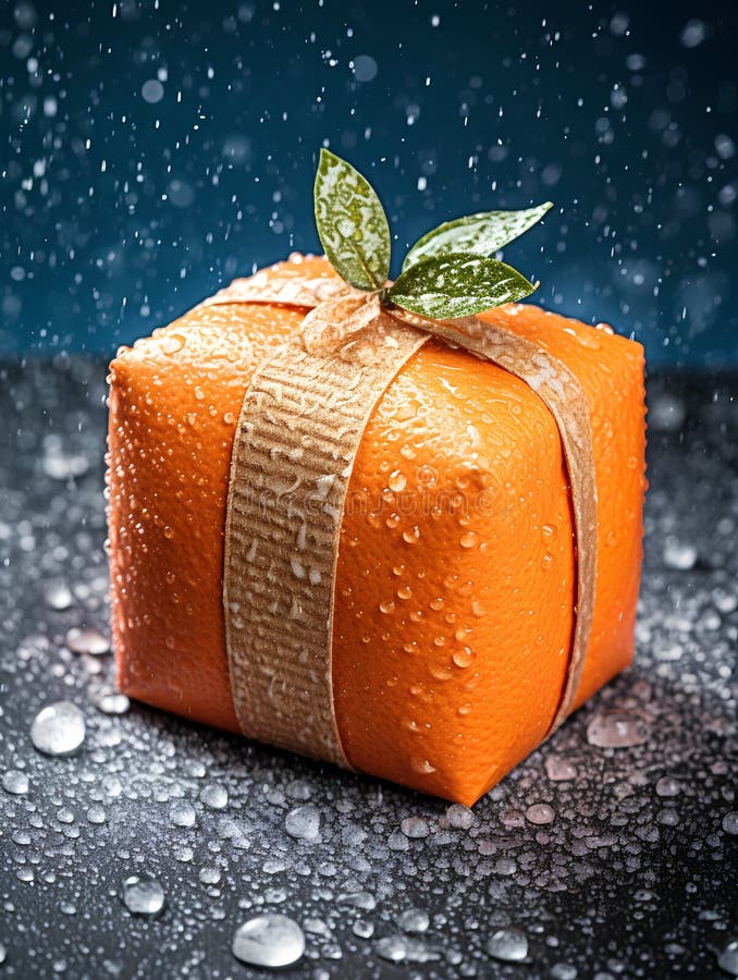 Orange Gift Box with Water Drops on Black Background. Christmas Concept ...