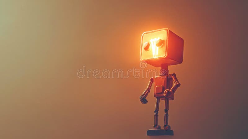 Orange Glow Robotic Figure with Light Head Against Brown Background ...
