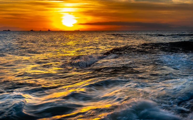 Sunset and Waves in the Vast Ocean Stock Photo - Image of beach ...