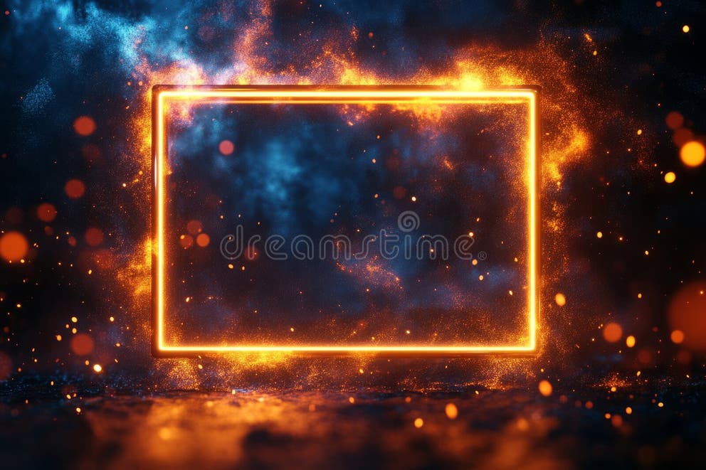 Orange Glowing Rectangular Frame with Fire and Smoke Particles Floating ...