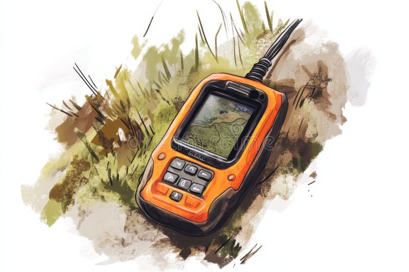 Orange GPS Device with Map Display in Grassy Landscape Stock ...