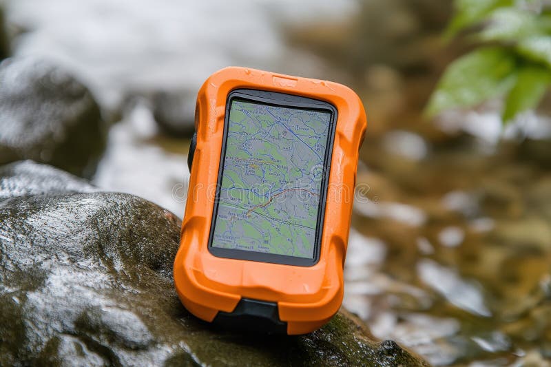 Orange GPS Device on a Rocky Streambed Stock Illustration ...