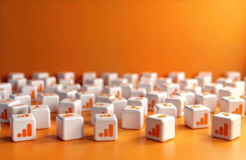 Orange Graphic Symbols on White Cubes Suggest Data Analysis, Tech Analytics. Modern Tech Icons ...