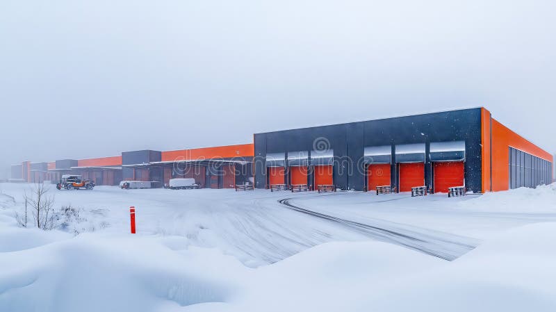 Orange and Gray Distribution Warehouse Covered in Snow during a ...