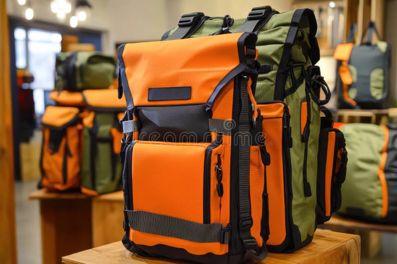 Orange and Green Backpack with Black Straps Displayed on Wooden Shelf ...