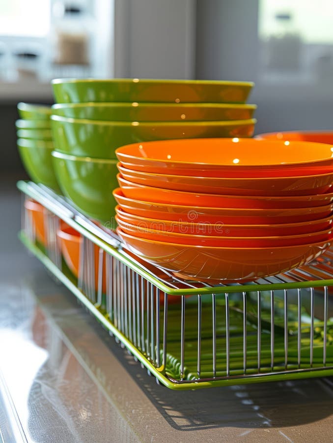 Orange and Green Bowls Arranged on a Dish Drying Rack in a Modern ...