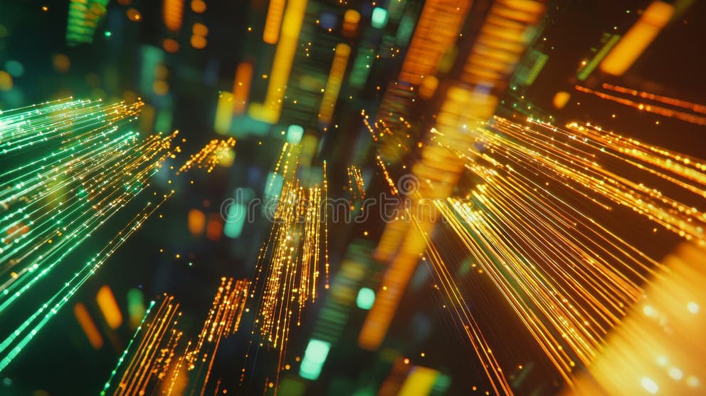 Orange and Green Particles are Flowing in Cyberspace, Creating a ...