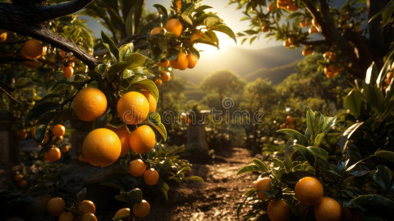 An Orange Grove with Lots of Oranges Growing on the Trees. Generative ...