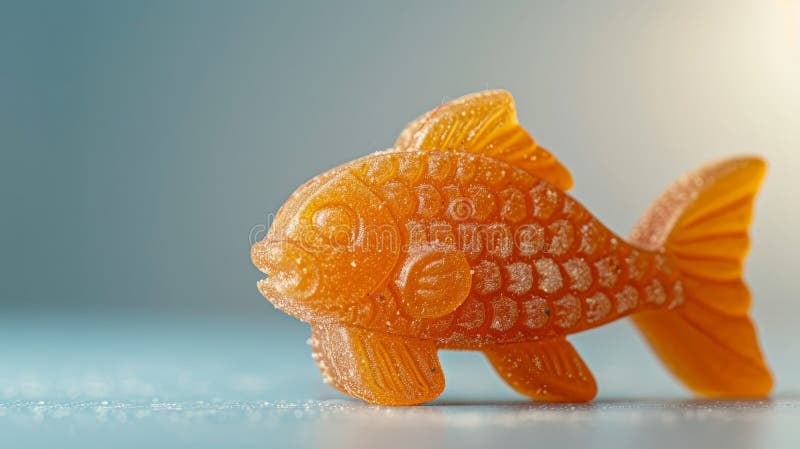 An Orange Gummy Fish with Intricate Details, on a Blue Surface. Stock ...
