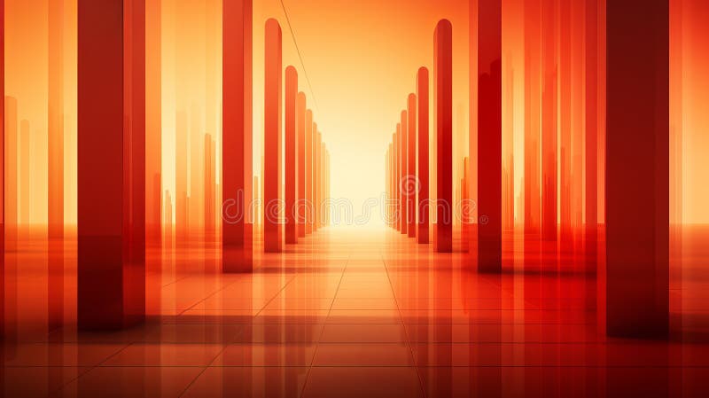 An Orange Hallway with Columns and a Light at the End Stock ...