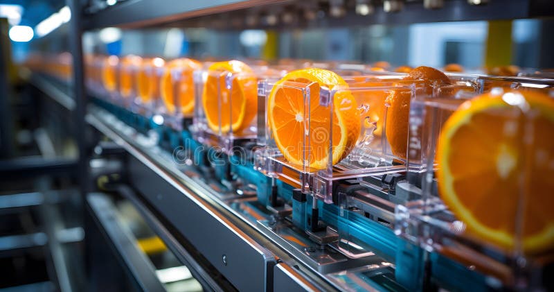 Orange Halves Move Along a Processing Line at a Modern Citrus Fruit ...