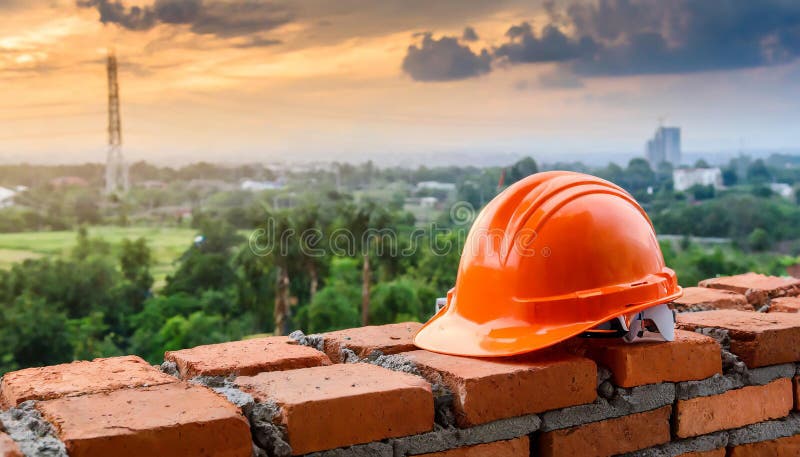 Orange Hard Hat on Brick Wall. Safety Construction Helmet Stock ...