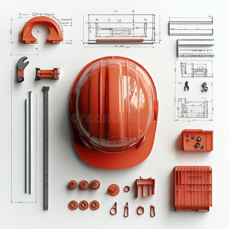 Orange Hard Hat and Engineering Drawings Construction Project Blueprint ...