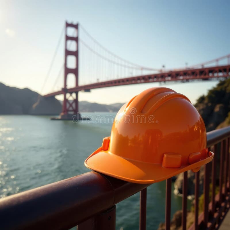 Orange Hard Hat Rests on Railing with Golden Gate Bridge in Background ...