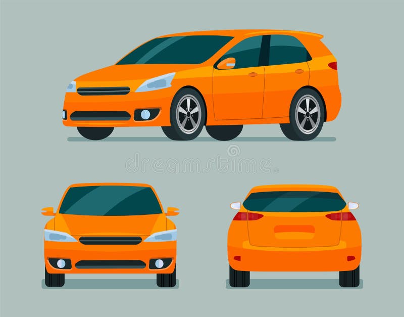 Orange Hatchback Car Three Angle Set. Car with Side, Back and Front ...