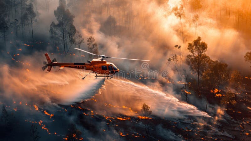 Orange Helicopter Drops Water on a Smoky Forest Fire at Dawn Stock ...
