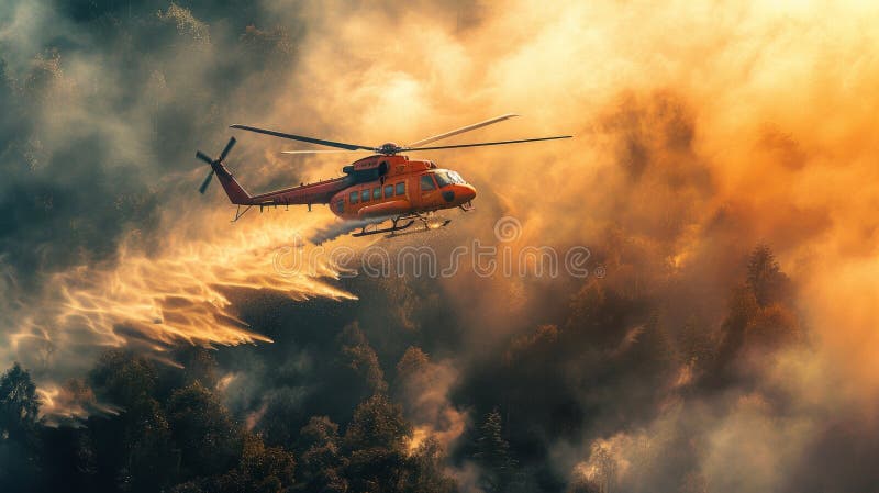 Orange Helicopter Drops Water on a Smoky Forest Fire at Dawn Stock ...