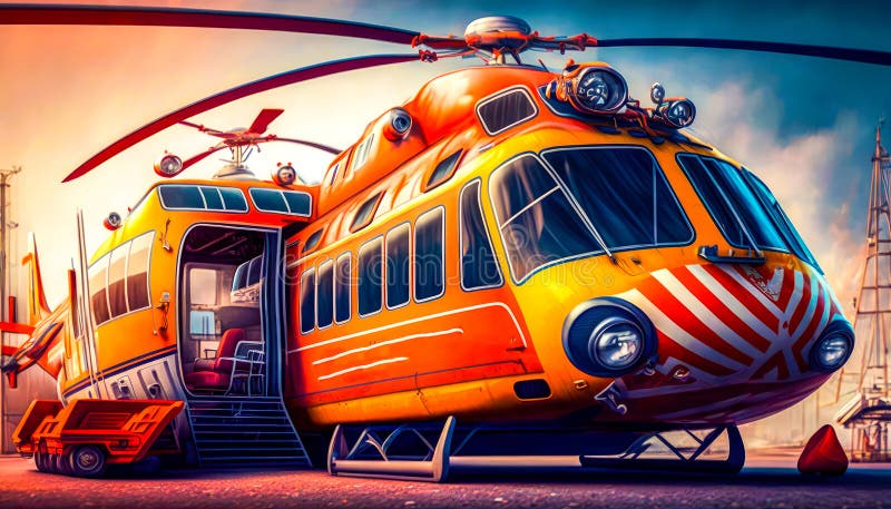 An Orange Helicopter is Parked in Front of Dock. TRANSPORT SAFETY Stock Illustration ...