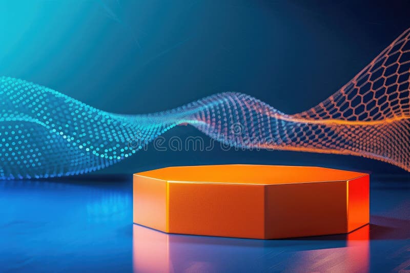 An Orange Hexagonal Platform Sits on a Reflective Blue Surface with a ...