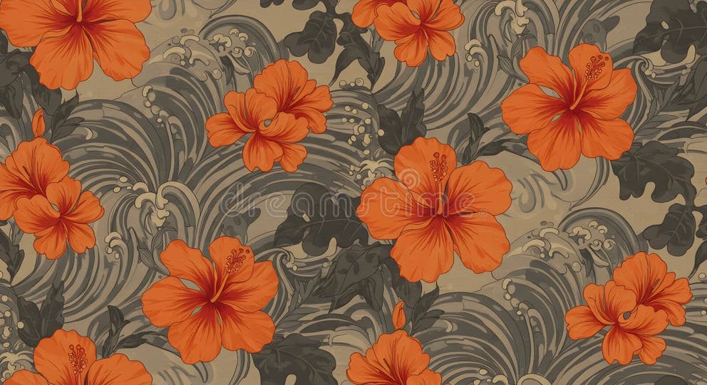 Orange Hibiscus Flower with Wave Pattern Background Stock Illustration ...