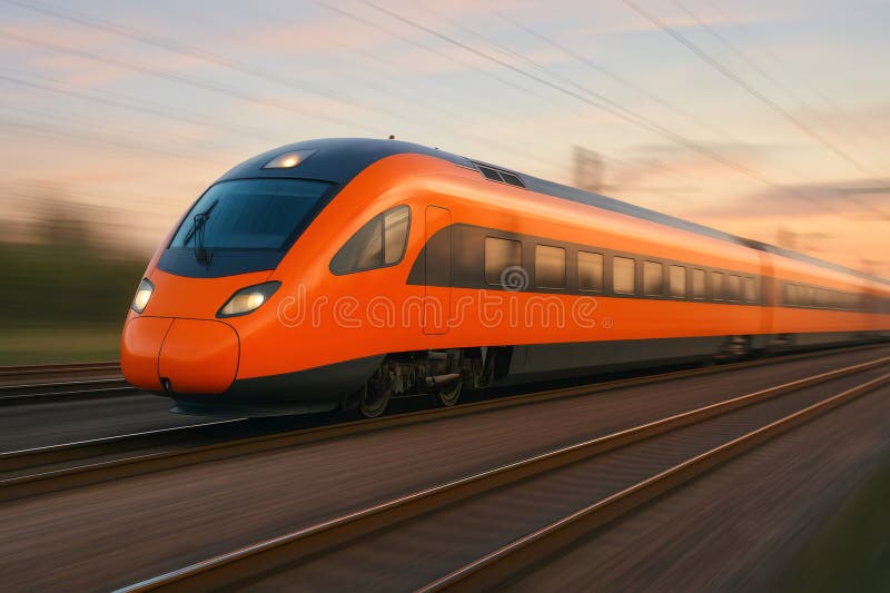 Orange High Speed Train Running Along Railroad Track Sunset Stock ...