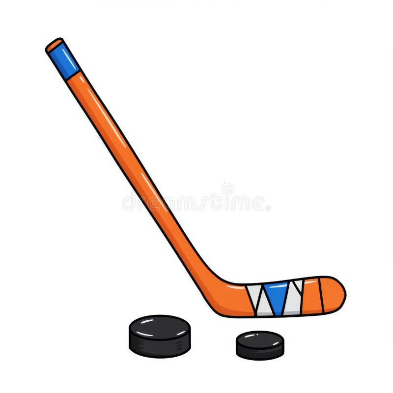 Orange Hockey Stick with Black Pucks on White Background Stock ...