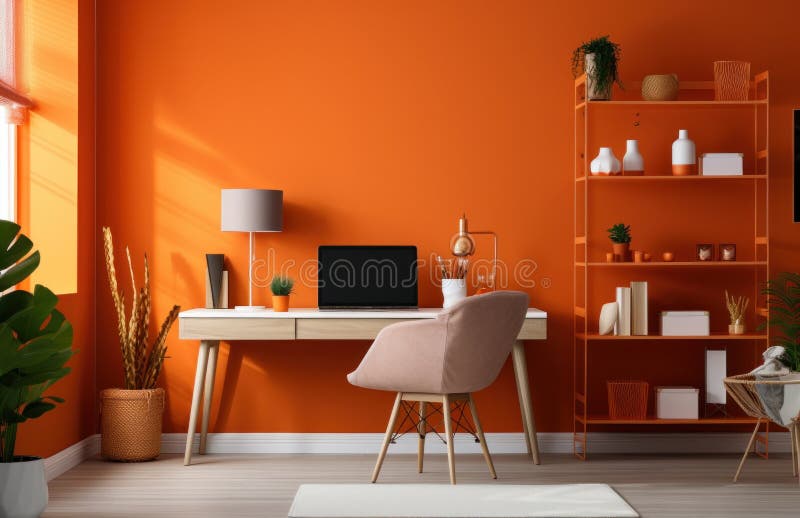 An Orange Home Office with Desk and a Plant, Stock Photo - Image of ...