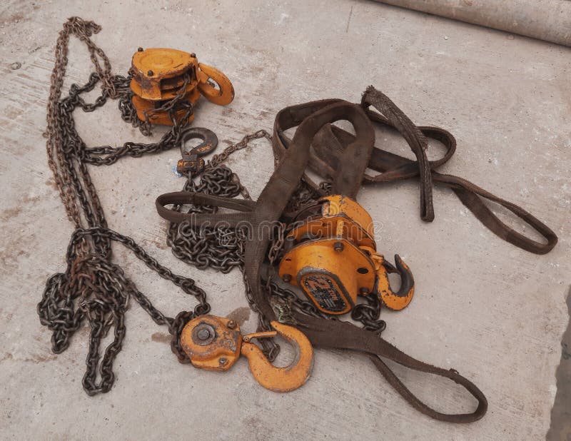 Orange Hook with Sling Belt and Chain Block or Chain Hoist, with a ...