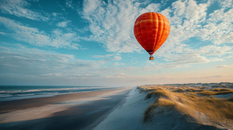 Orange Hot Air Balloon Over Sandy Beach at Sunset Stock Illustration ...