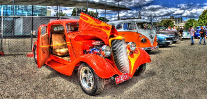 Orange hot rod on display editorial photo. Image of stripes - 53211446