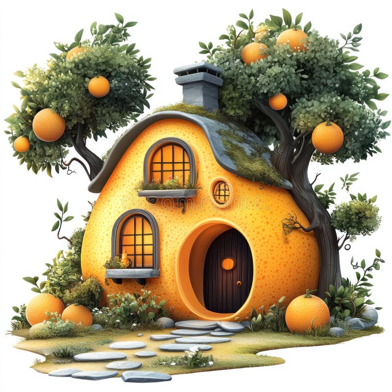 Orange House Illustration with Trees and Stone Pathway Stock Photo ...