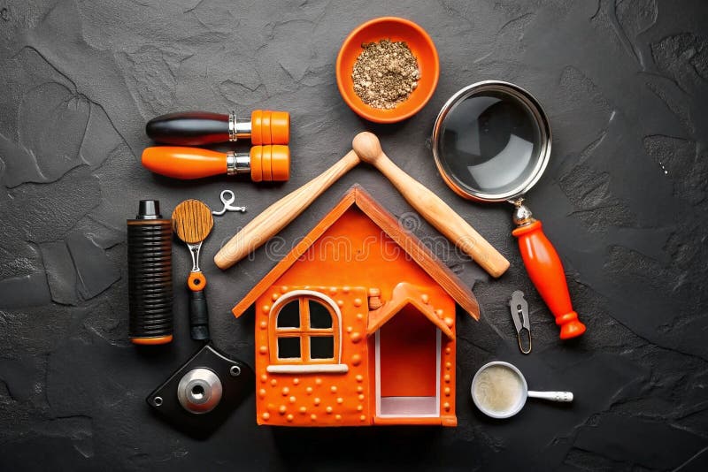 Orange House Model Surrounded by Tools on Dark Background Stock ...