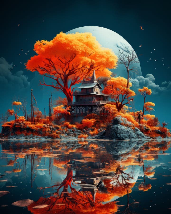 An Orange House with Trees in Front of a Full Moon Stock Illustration ...