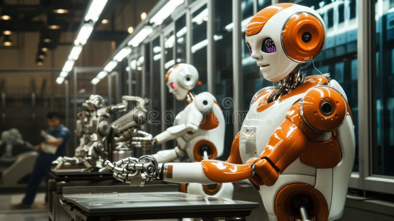 Orange Humanoid Robots at Production Line Stock Photo - Image of ...