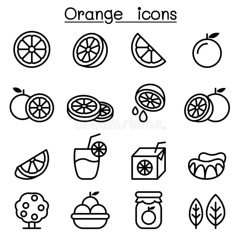 Orange Icon Set in Thin Line Style Stock Vector - Illustration of ...