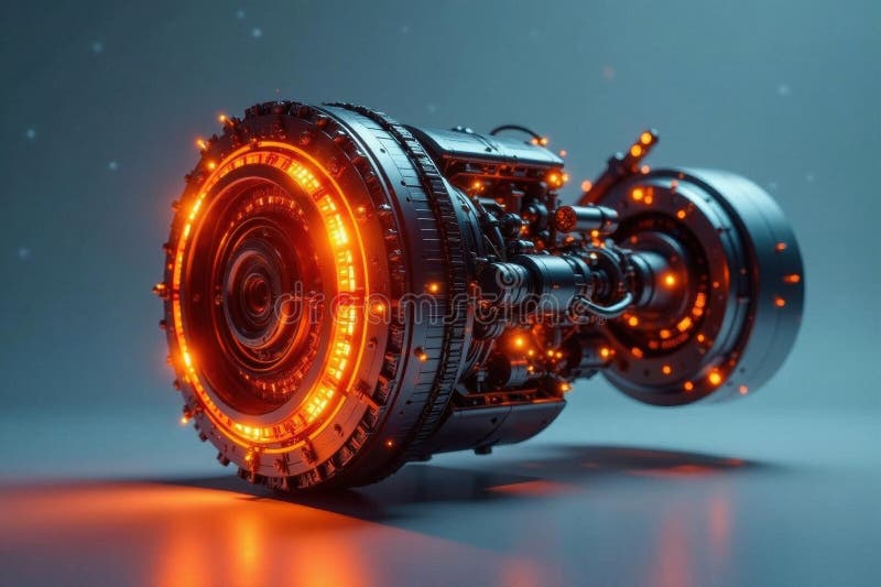 Orange Illuminated Engine, Complex Internal Mechanisms, High Tech ...