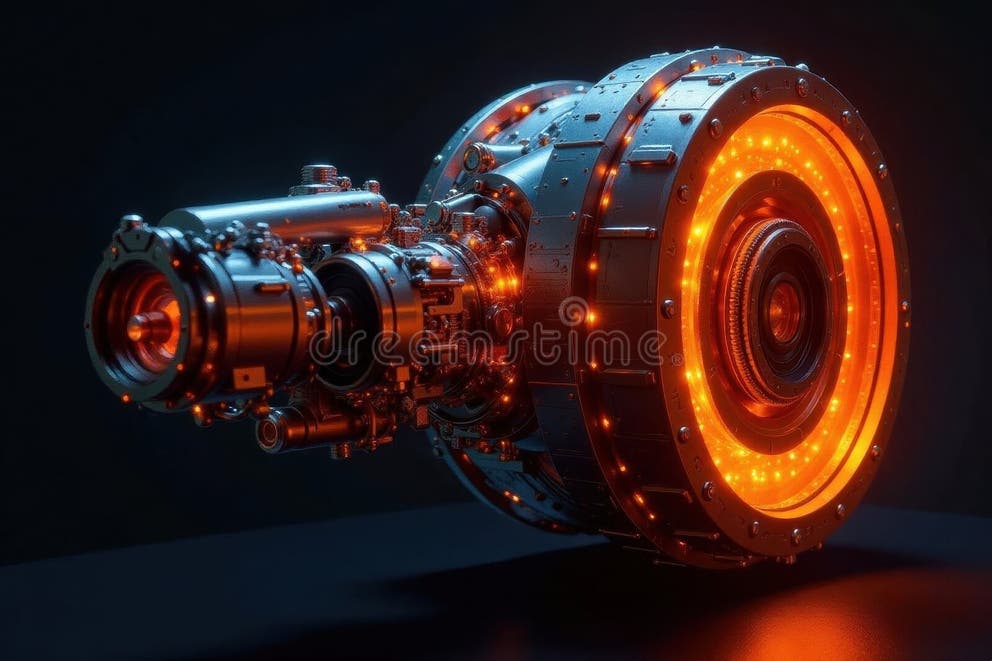 Orange Illuminated Engine, Complex Internal Mechanisms, High Tech ...