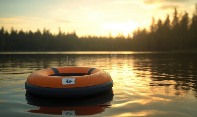 Orange Inflatable Float on Calm Lake during Sunset with Forest Backdrop Stock Image - Image of ...