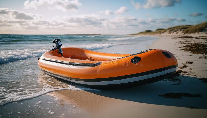 Orange Inflatable Motor Boat Resting on Sandy Beach Stock Photo - Image ...