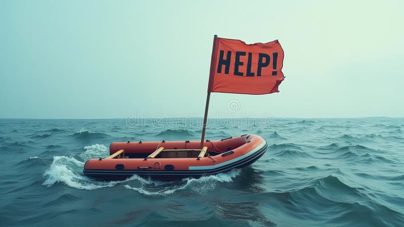Orange Inflatable Raft with Red Help Flag in Ocean Stock Illustration ...