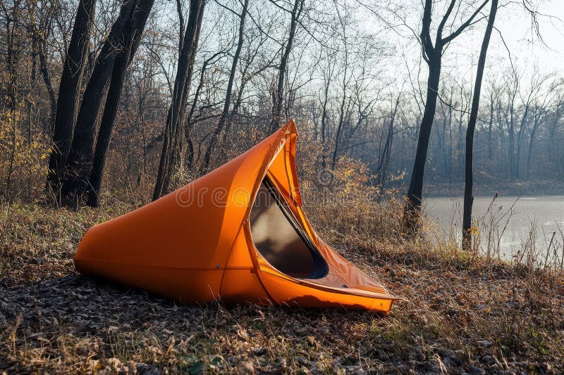 Orange Inflatable Tent by a River in a Forest Stock Illustration ...