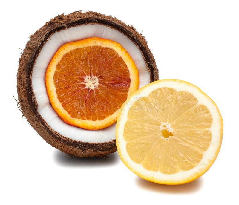 Orange Inside Coconut and Lemon Isolated on White Stock Photo - Image ...